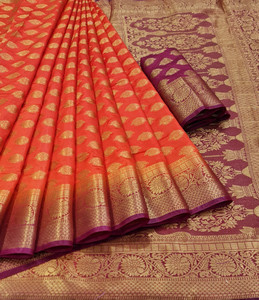 Buy RAJA RANI SAREE Woven Kanjivaram Nylon Orange Sarees Online @ Best ...