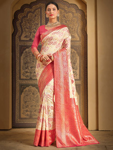Buy Sareemall Woven Kanjivaram Silk Blend Cream Sarees Online @ Best ...