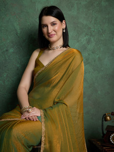 Buy Dhimahi Solid/Plain Bollywood Chiffon Gold Sarees Online @ Best ...