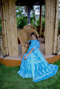 Buy Dokhona Printed Jamdani Cotton Blend Blue Sarees Online @ Best ...