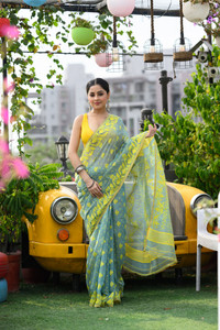 Buy RUPANJALI Printed Jamdani Pure Cotton, Cotton Blend Light Blue ...