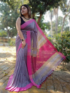 Buy Maa kali saree center Printed Bollywood Cotton Blend Grey, Pink ...