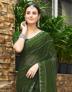 Buy Satrani Self Design, Embellished Bollywood Georgette Green Sarees ...