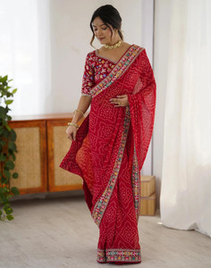 Buy Satrani Printed, Embellished, Embroidered Bandhani Georgette Red ...