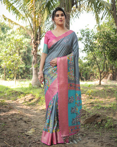 Buy ALMAARI FASHION Digital Print Kalamkari Cotton Silk Grey Sarees ...