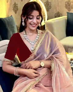 Buy AARCHI LIFE STYELE Solid/Plain Bollywood Nylon Pink Sarees Online ...