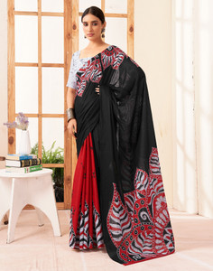 Buy Satrani Printed Handloom Pure Cotton Black, Red Sarees Online ...