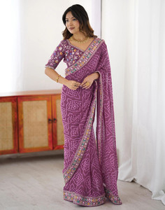 Buy Satrani Printed, Embellished, Embroidered Bandhani Georgette Purple ...