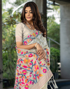 Buy Satrani Woven, Self Design, Embellished Handloom Pure Cotton Cream ...