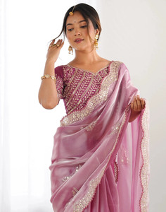 Buy Satrani Embellished, Embroidered Bollywood Organza Pink Sarees ...