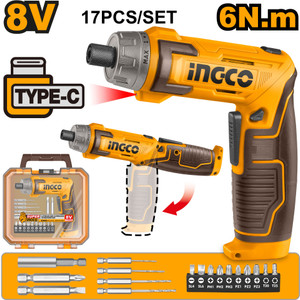 INGCO CSDLI08025 Type-C Charging Port, with Charger, Screwdriver Bits ...
