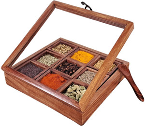 AMSSMAART Sheesham Wood Wooden Masala Box with Spoon | Spice Box Set 9 ...