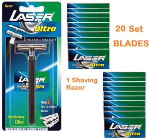 LASER Ultra 3 Piece Metal Head Razor & 20 Set Shaving Blades, Men ...