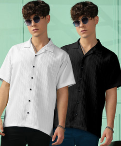 FOXTER Men Self Design Casual Black, White Shirt - Buy FOXTER Men Self ...