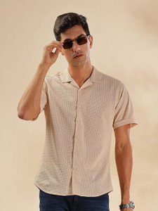 HERE&NOW Men Self Design Casual Beige Shirt - Buy HERE&NOW Men Self ...