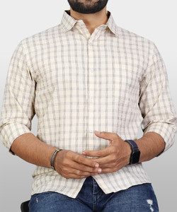 VeBNoR Men Checkered Formal Cream Shirt - Buy VeBNoR Men Checkered ...