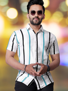 VeBNoR Men Self Design Casual White, Blue Shirt - Buy VeBNoR Men Self ...