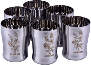 akashmetal (Pack of 6) STEEL FLOWER PRINTED WATER GLASS Glass Set Water ...