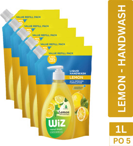 Wiz Lemon Hand Wash Refill Pouch - 1L (Pack of 5) | pH Balanced | 70% ...
