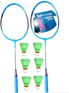 SPO Zone SKY BULLET Badminton RACQUET Set of 2 PC with 6 shuttle Blue ...