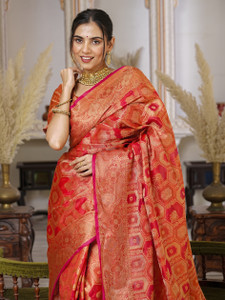 Buy ALMAARI FASHION Woven Banarasi Organza Red Sarees Online @ Best ...