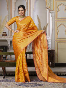 Buy ALMAARI FASHION Self Design Banarasi Organza Yellow Sarees Online ...