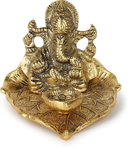 Karigar Creations Metal Lord Ganesha Idol on Leaf with Diya for Puja ...