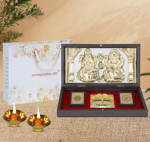 INTERNATIONAL GIFT Gold Plated Laxmi Ganesh Idol Frame With Charan ...