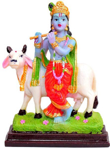 KIRINVEDA Resin Standing Krishna Murti Playing Flute and Cow Gau MATA ...