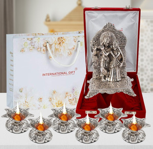 INTERNATIONAL GIFT Silver Plated Radha Krishna Idol Statue With 6 Jyot ...