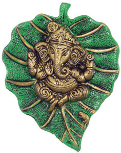 CraftSmith Metal Golden Lord Ganesha on Green Leaf Pan Patta Ganesh ...