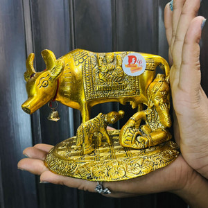 DARIDRA BHANJAN Gold Plated Kamdhenu Cow,calf with Bal Gopal Krishna ...