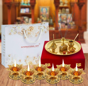 SMILES GIFT Gold Plated Arti Pooja Thali With 6 Jyot | Box & Bag | For ...