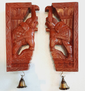 JlineArts Wooden Elephant Wall Bracket Pair with Brass Bells, Brown ...