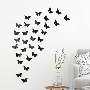 WALLWIND 6 cm 30 Cut Butterflies Black, 3D Acrylic Mirror Stickers for ...