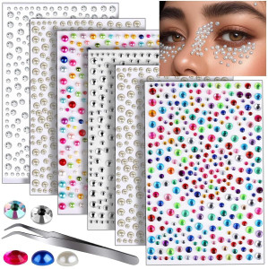 TREXEE 1 inch 6 Sheets Face Gems Rhinestones Pearl Stickers with ...