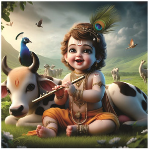 Baby Bal Krishna With Cow God Wall Poster for Pooja Room, Livingroom ...