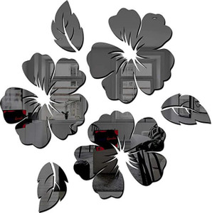Bikri Kendra 14.1 cm Flower and Leaf Black 3D Acrylic Mirror Wall Mount ...