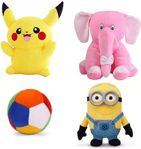 sai ji Stuffed Toy Combo Set of 4 for Kids-Pink Elephant, Pikachu, Ball ...