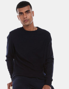 FLYING MACHINE Solid Round Neck Casual Men Blue Sweater - Buy FLYING ...