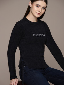 bebe Printed Round Neck Casual Women Black Sweater - Buy bebe Printed ...