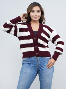 FEVERFEW Striped V Neck Party Women Maroon Sweater - Buy FEVERFEW ...