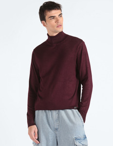 FLYING MACHINE Solid High Neck Casual Men Maroon Sweater - Buy FLYING ...