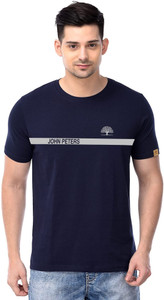 John Peters Colorblock Men Round Neck Navy Blue T-Shirt - Buy John ...