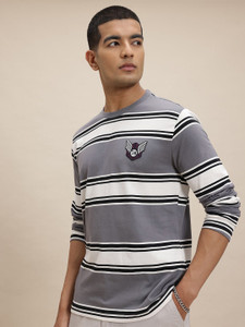 Roadster Striped Men Round Neck Grey T-Shirt - Buy Roadster Striped Men ...