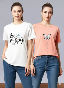 HouseOfCommon Graphic Print Women Round Neck White, Pink T-Shirt - Buy ...
