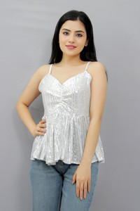 CRAZEVILLA Party Embellished Women Silver Top - Buy CRAZEVILLA Party ...