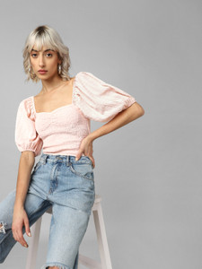 ONLY Casual Self Design Women Pink Top - Buy ONLY Casual Self Design ...