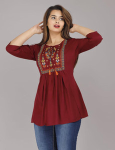 Sovniikurtis Casual Embroidered Women Maroon Top - Buy Sovniikurtis ...