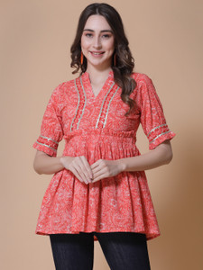 God Bless Casual Floral Print Women Orange Top - Buy God Bless Casual ...
